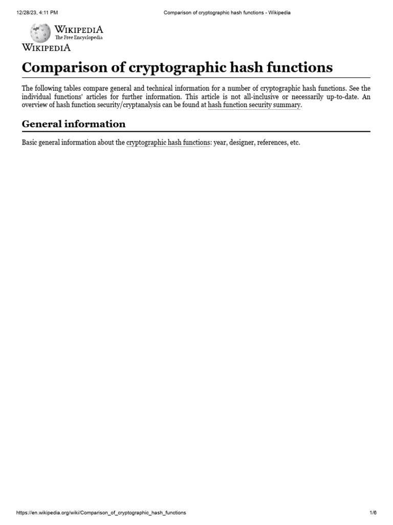 Comparison of Cryptographic Hash Functions | PDF