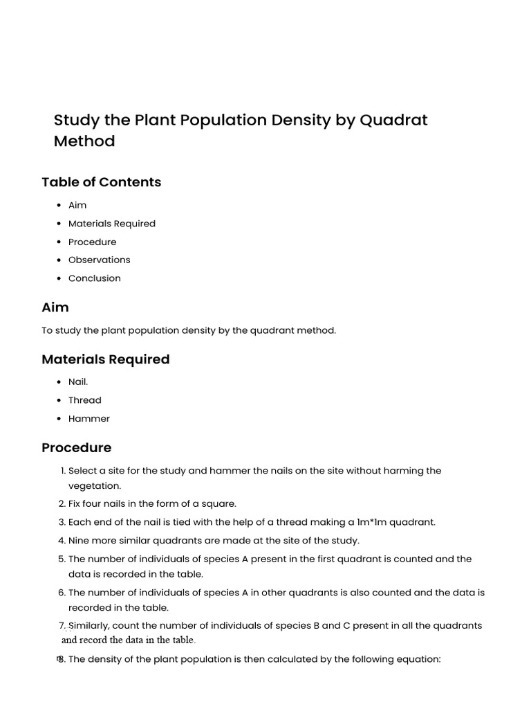 Calculate Plant Population Density by Quadrat Method | PDF