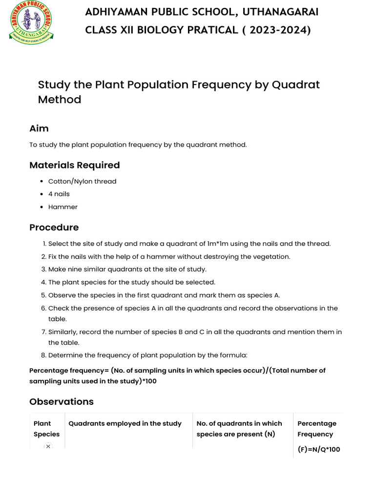 Calculate Plant Population Frequency by Quadrat Method | PDF
