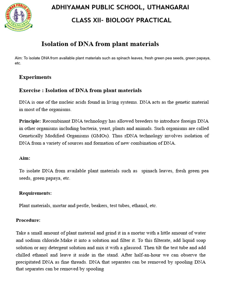 Isolation of DNA From Plant Materials - Experiments - Botany Practicals ...