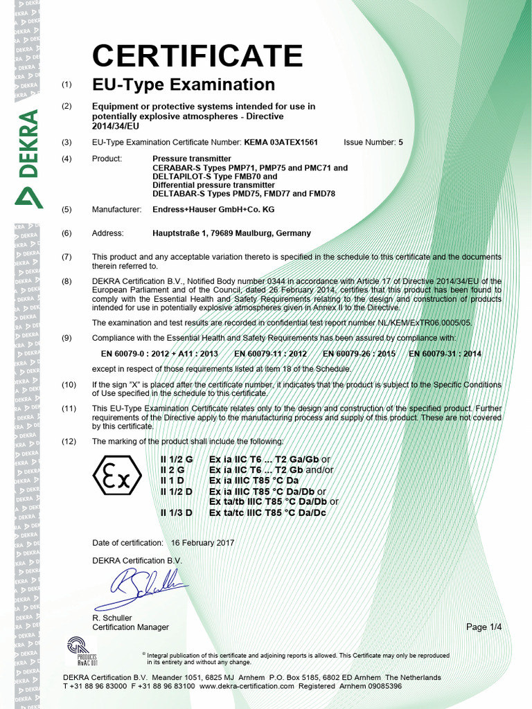 ATEX Certification for Pressure Transmitters | PDF | Home & Garden ...