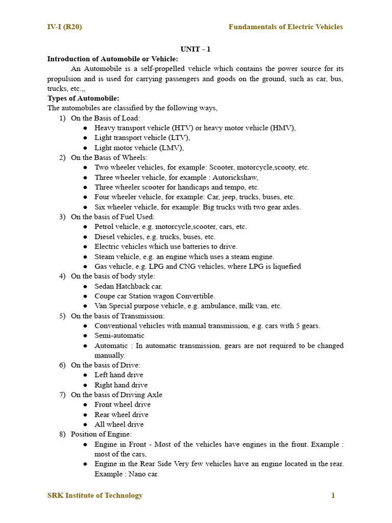 FEV Unit - 1 | PDF | Plug In Hybrid | Electric Vehicle