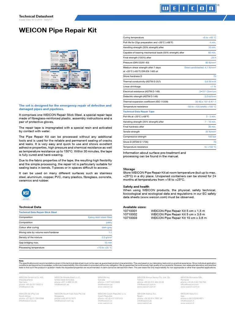 TDS 10710001 EN WEICON Pipe Repair Kit | PDF | Continuum Mechanics ...