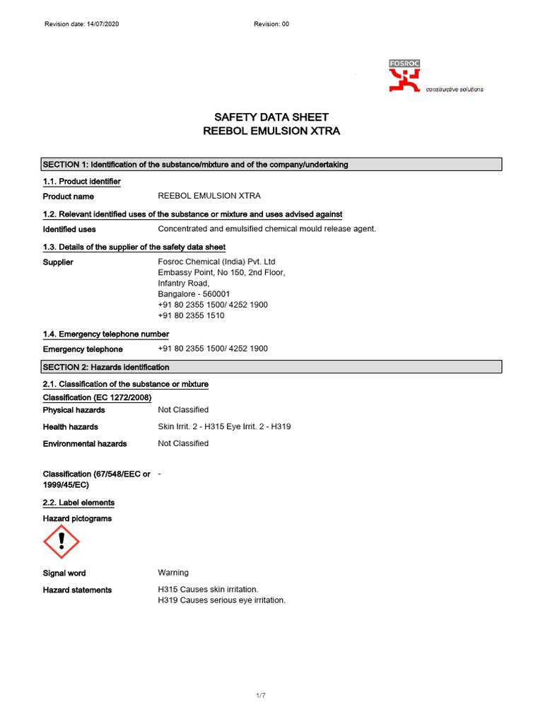 Reebol Emulsion Xtra Safety Data Sheet | PDF