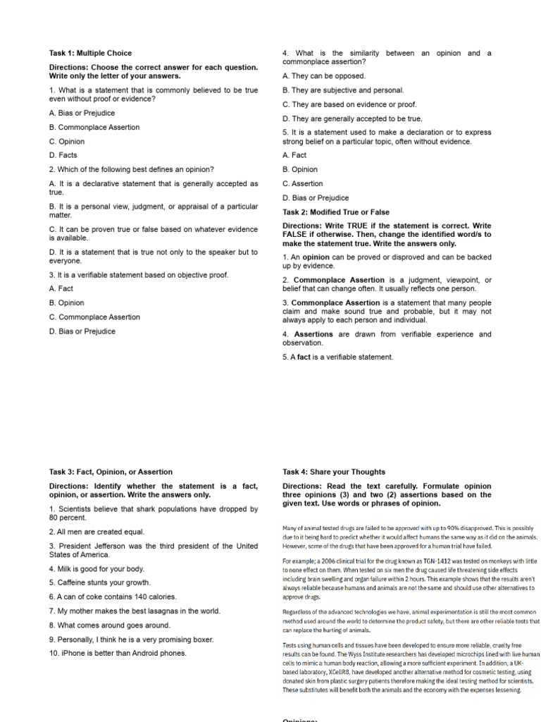 Quiz (Fact J Opinion J Assertion - Edited | PDF | Evidence | Truth