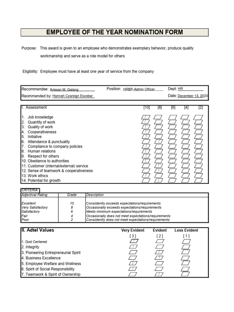 Employee of The Year Nomination Form | PDF | Employment | Economies