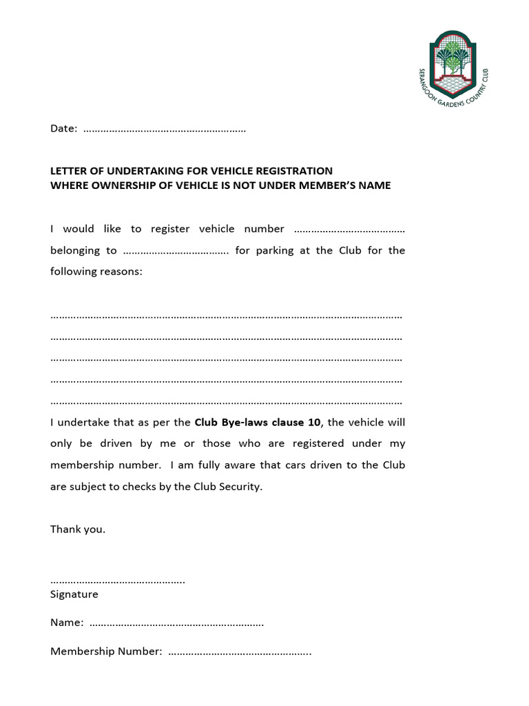 Letter of Undertaking For Vehicle Registration 090221 | PDF