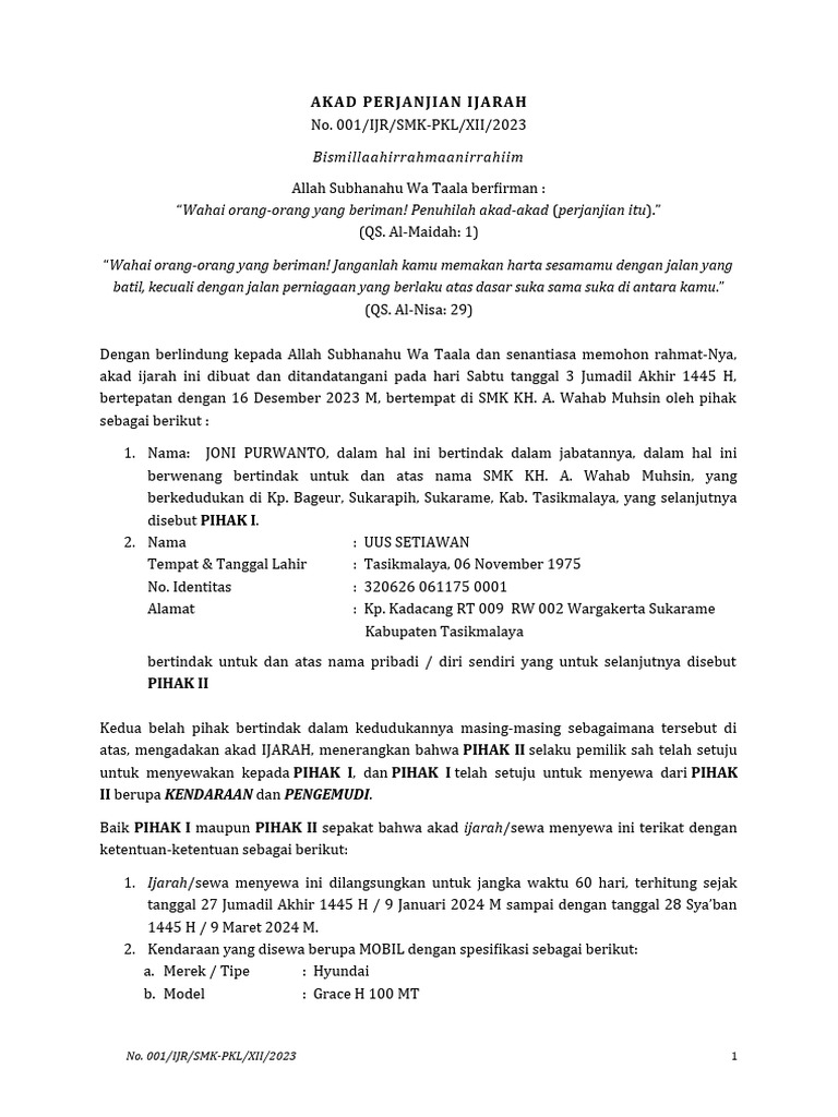 Akad Perjanjian Ijarah | PDF