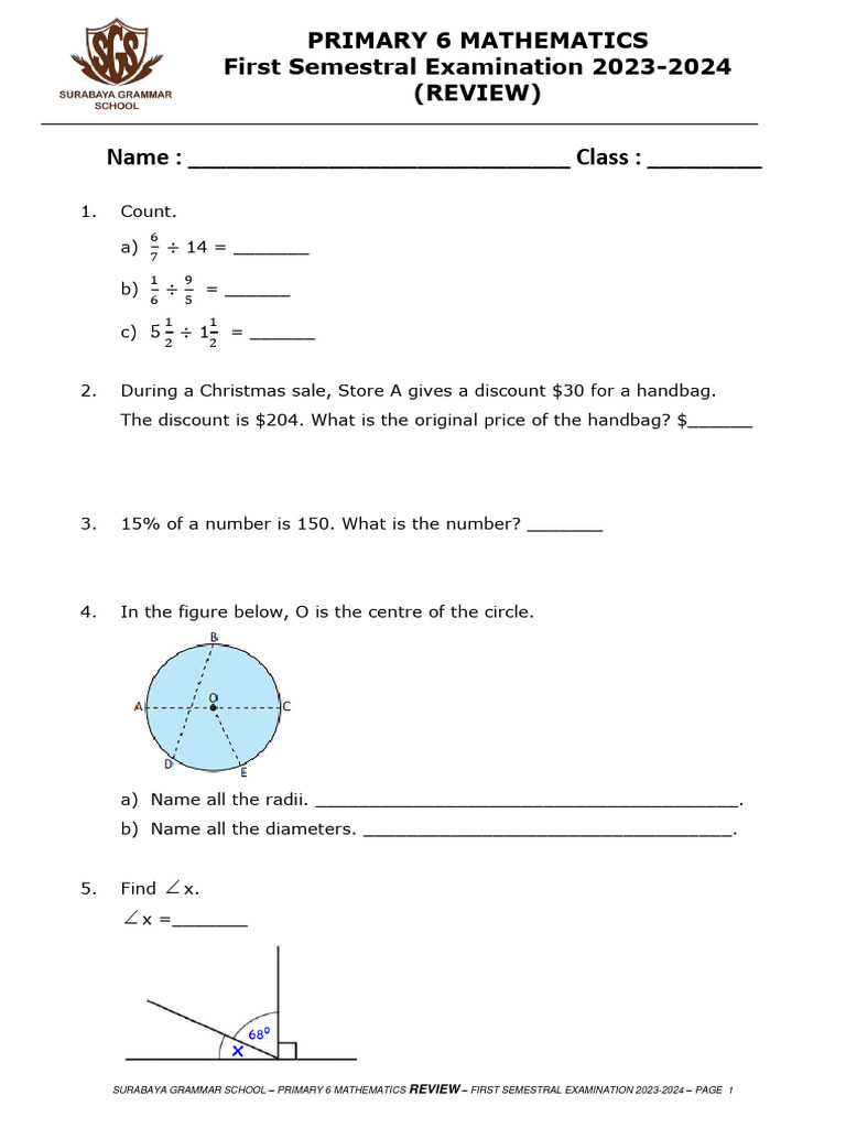 (REVIEW) P6 MATHEMATICS First Semestral Examination 2023-2024 | PDF (REVIEW) P6 MATHEMATICS First Semestral Examination 2023-2024 | PDF