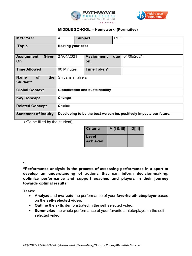Myp - 4 Phe HW - V | PDF | Cognition