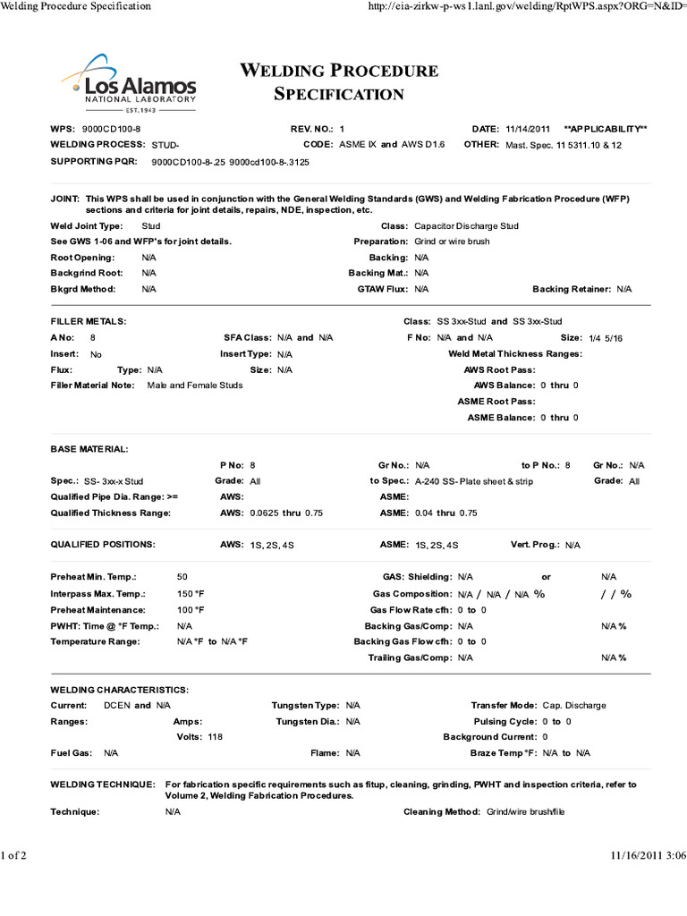 Welding Procedure Specification - Stud | PDF