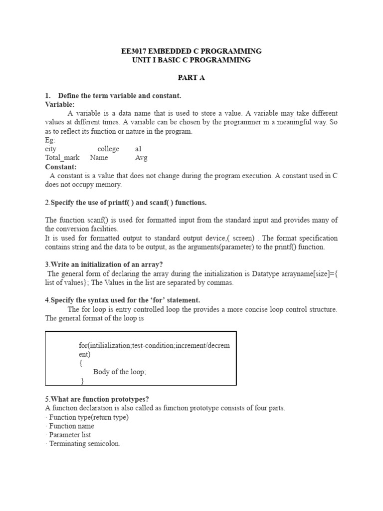 Emb C - Unit I QB | PDF | Parameter (Computer Programming) | Integer (Computer Science)