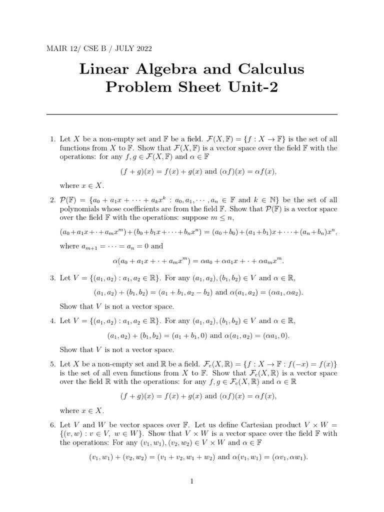 Problem Sheet Unit 2 | PDF | Linear Subspace | Matrix (Mathematics)