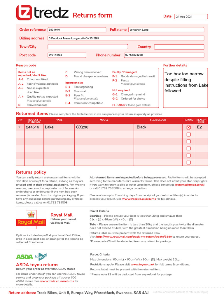 Tredz Returns Form A4 v28b RB Web | PDF | Mail | Consumer Goods