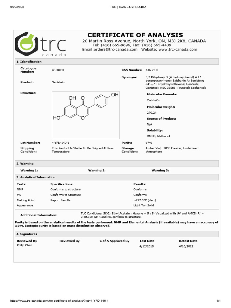 TRC - CofA Genistein | PDF | Physical Sciences | Atoms