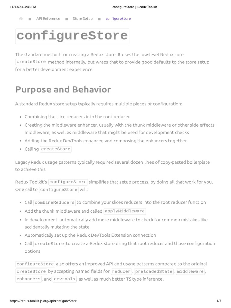 Configurestore - Redux Toolkit | PDF | Parameter (Computer Programming) | Method (Computer ...