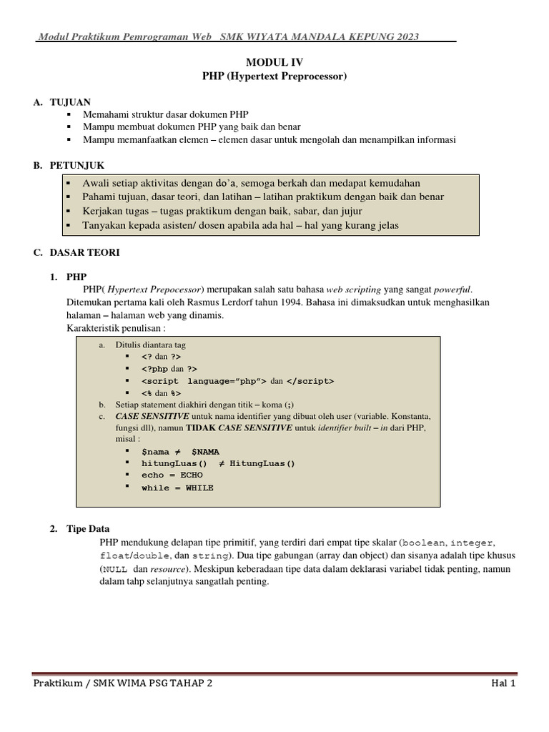 Modul PHP 1 Prakerin Internal WM 2023 | PDF