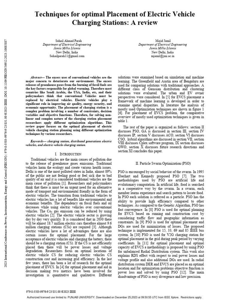Techniques For Optimal Placement of Electric Vehicle Charging Stations A Review | PDF ...