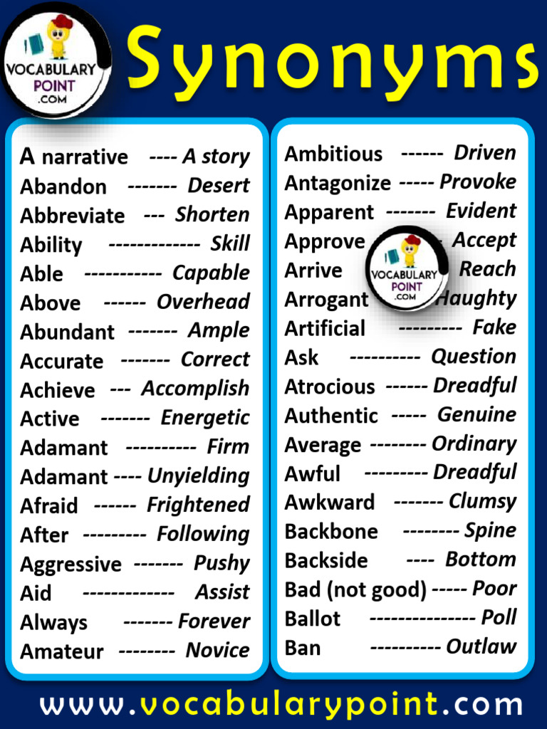 Synonyms List A To Z | PDF