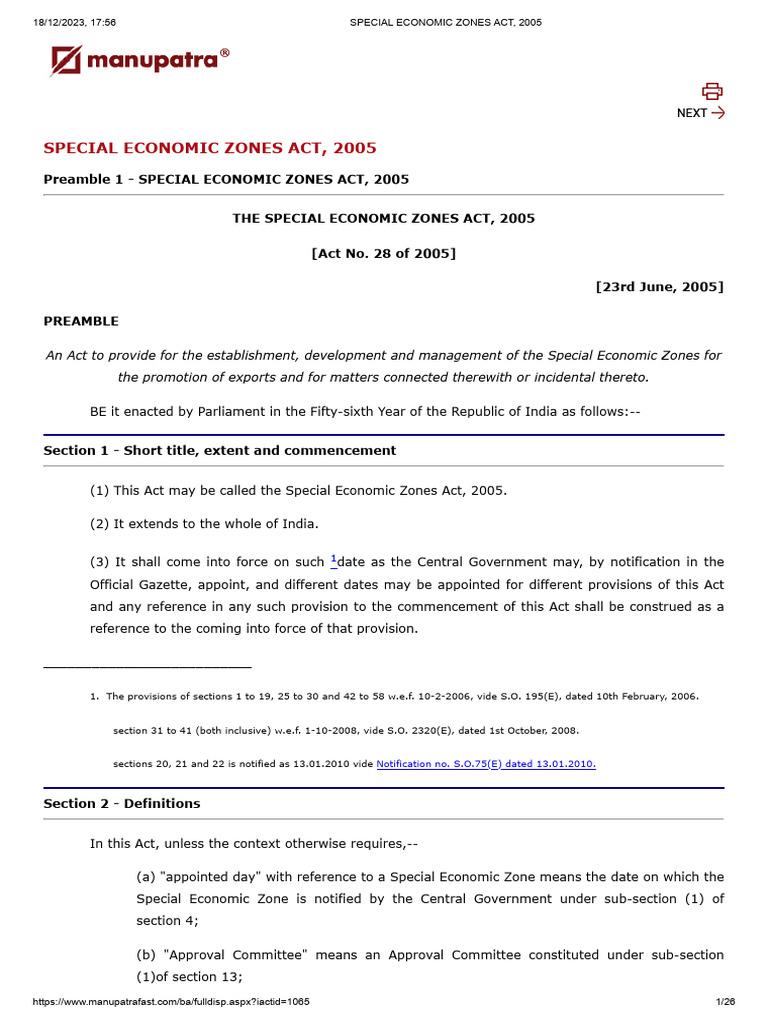 Special Economic Zones Act, 2005 | PDF