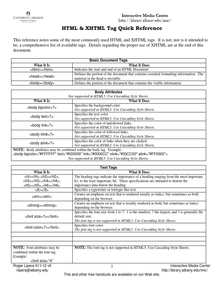 Html Xhtml Tag Sheet Pdf Html Element Html