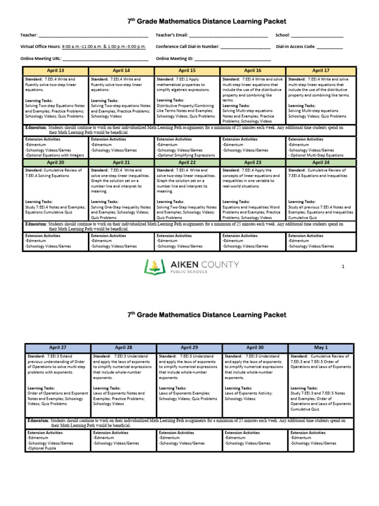 7th Grade Math Distance Learning Packet Phase 2 | PDF