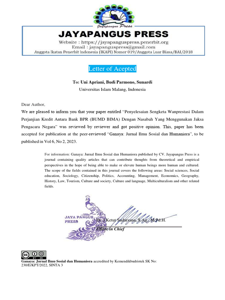 LOA - Jurnal Sinta 3 - Uni Apriani | PDF