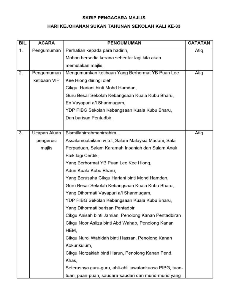 SKRIP PENGACARA MAJLIS SUKAN Tahun 2023 | PDF