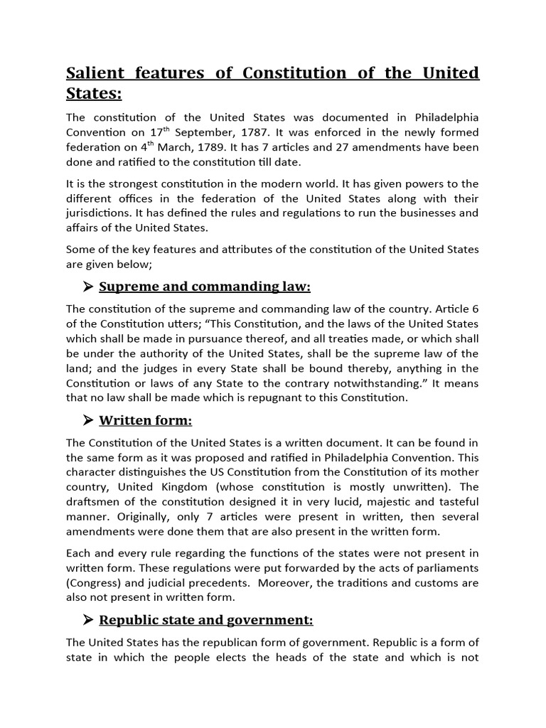 Salient Features of Constitution of The United States | PDF ...