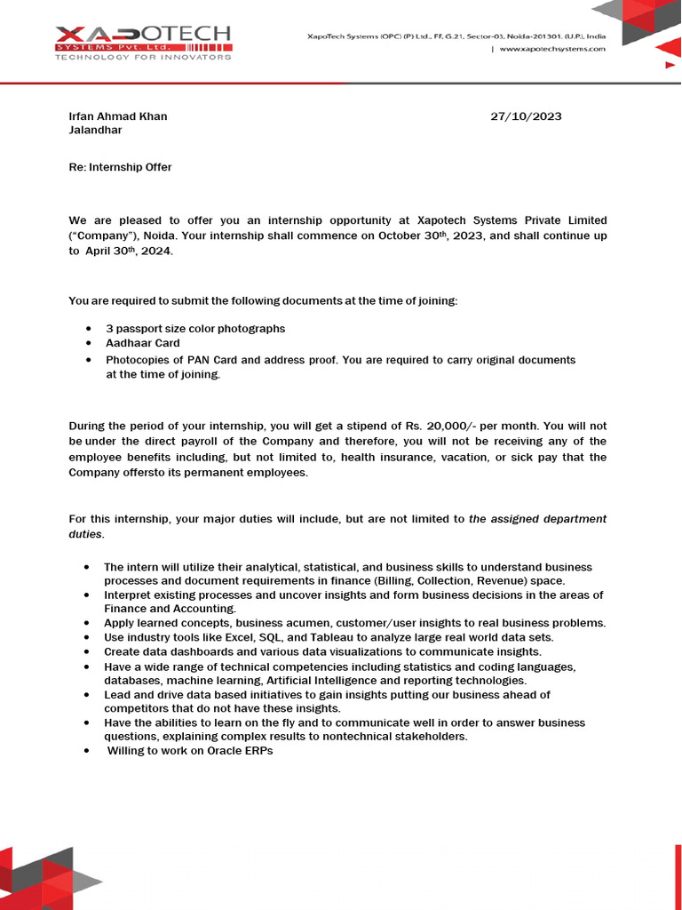 Xapotech Systems Internship Offer | PDF | Data | Internship