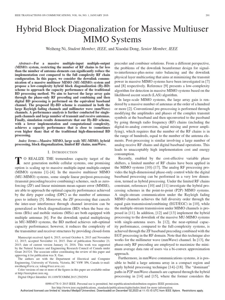 Hybrid Block Diagonalization For Massive Multiuser MIMO Systems | PDF | Mimo | Information And ...