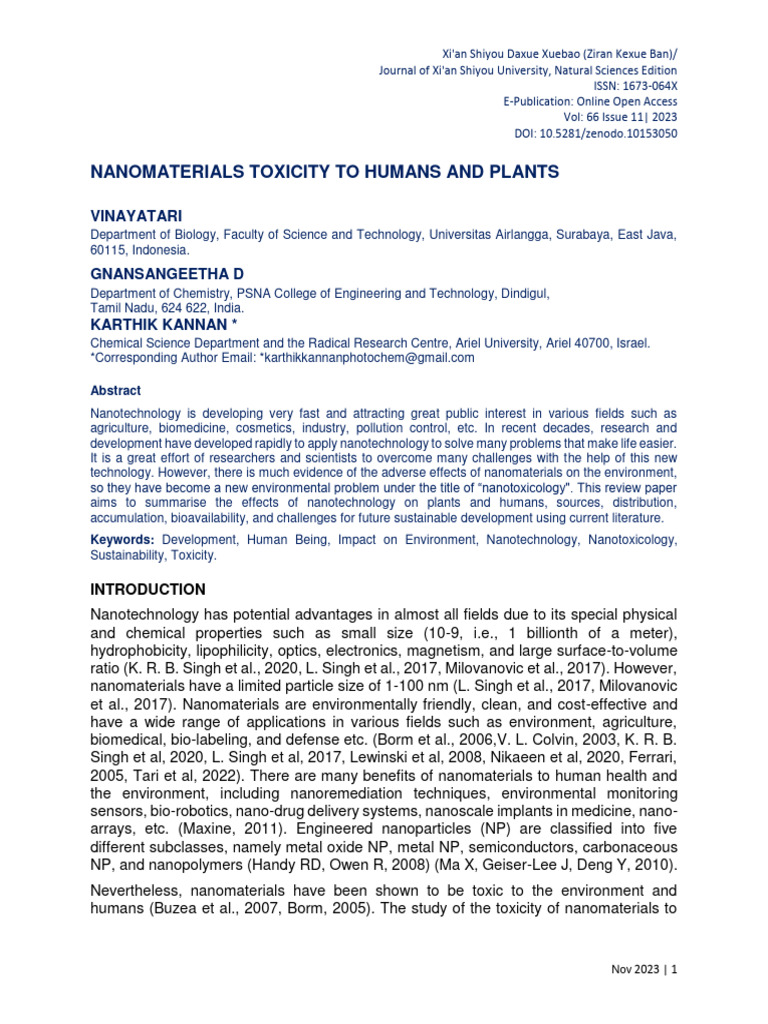 Nanomaterials Toxicity To Humans and Plants | PDF