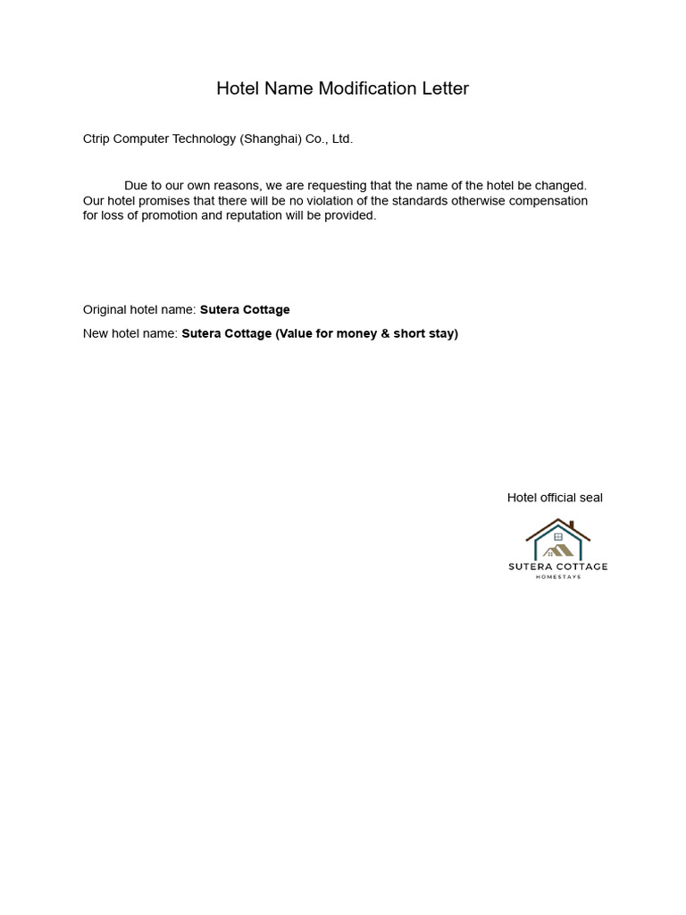 Hotel Name Modification Letter | PDF