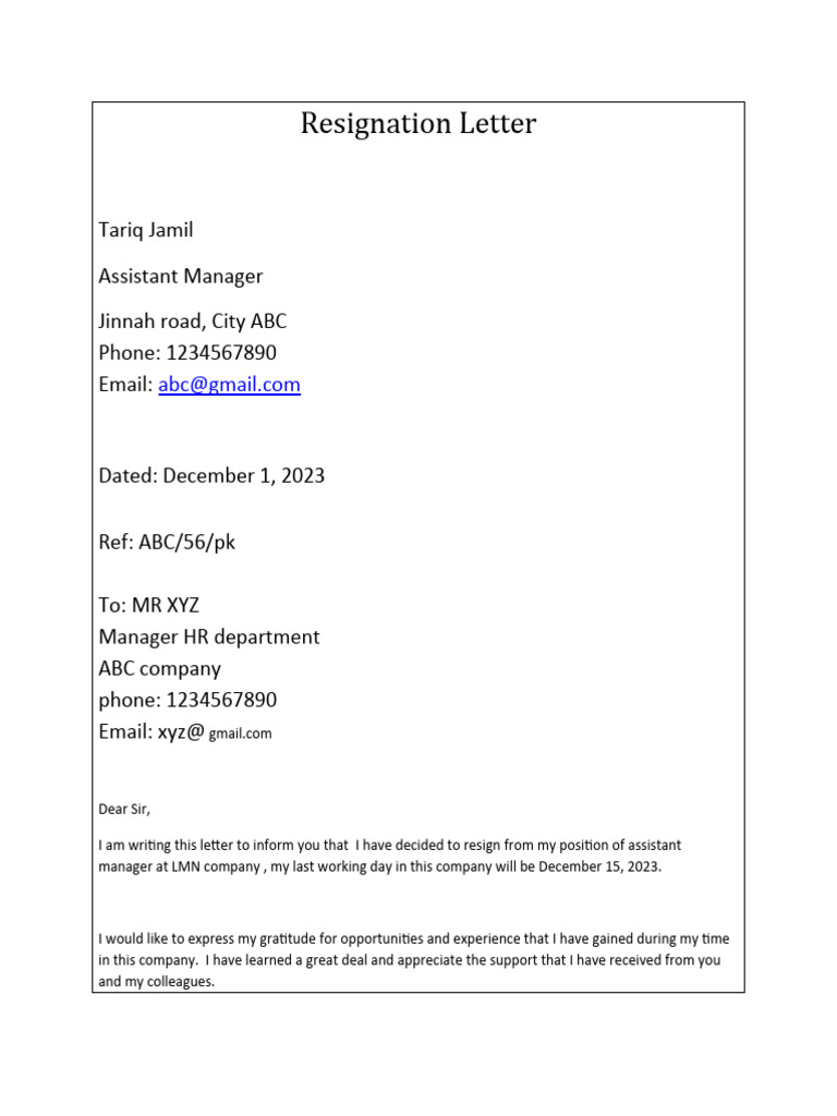 Resignation Letter from Assistant Manager | PDF