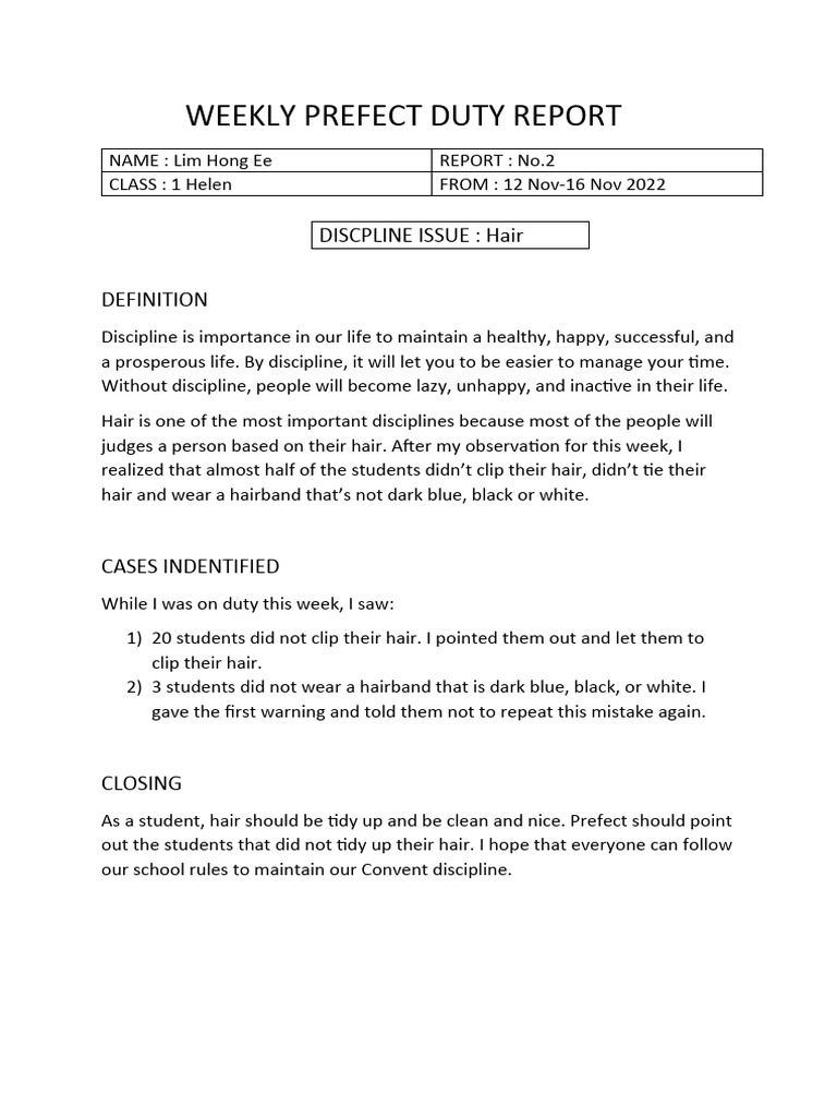 Weekly Prefect Duty Report | PDF | Career & Growth