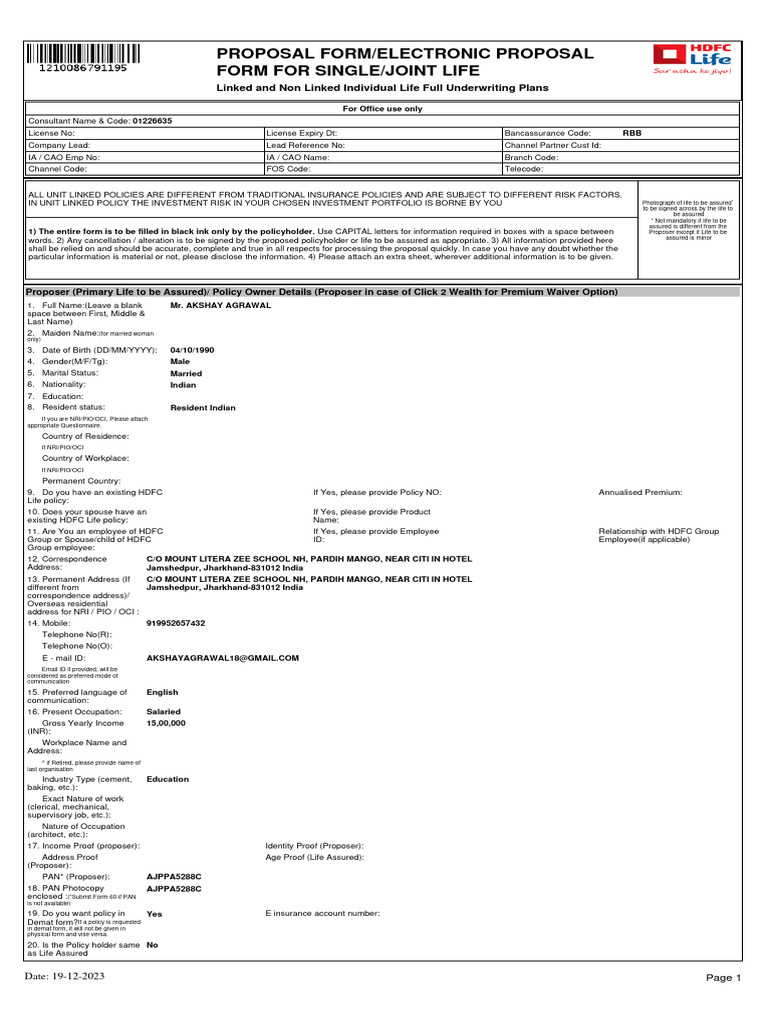 Proposalform | PDF | Insurance | Life Insurance