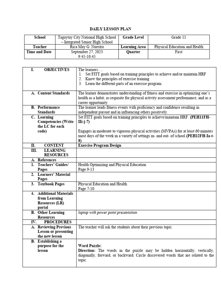 Exercise Program Design DLP | Download Free PDF | Physical Fitness ...