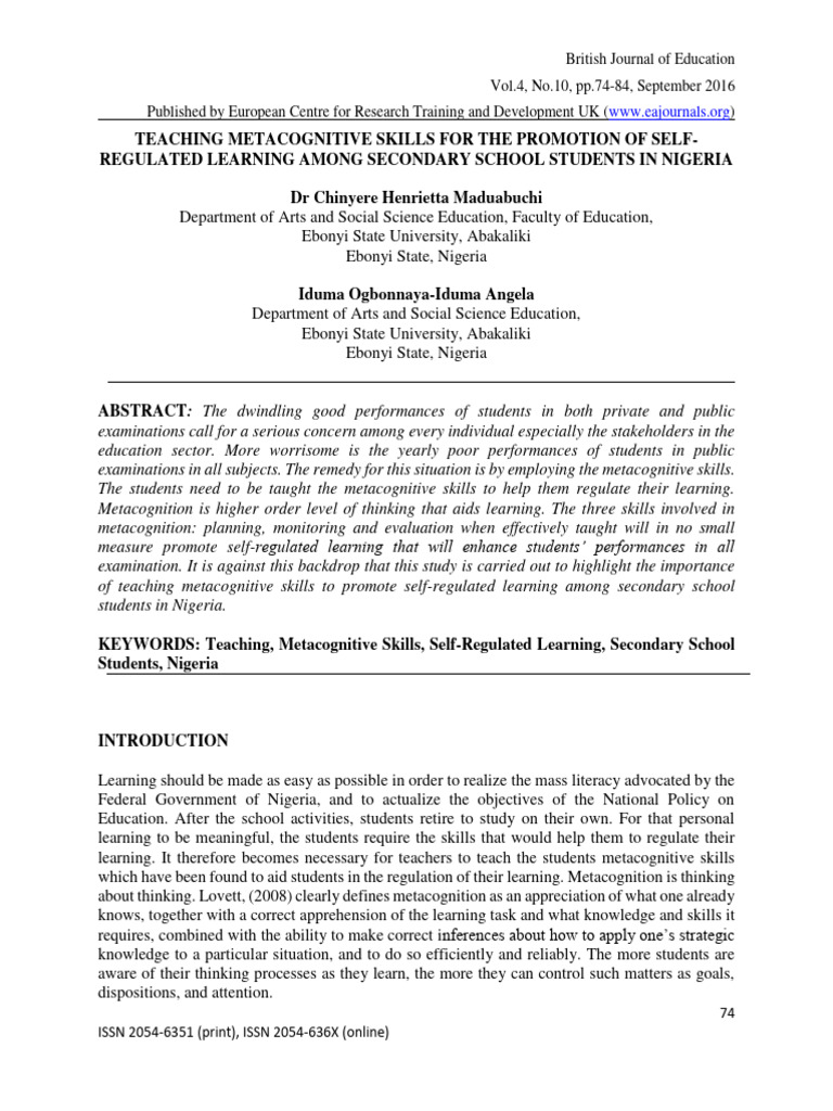 Teaching Metacognitive Skills For The Promotion of Self Regulated Learning Among Secondary ...