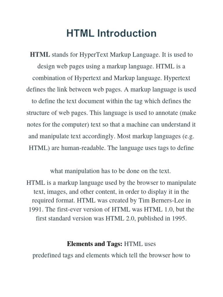 HTML Introduction | PDF | Html | Html Element HTML Introduction | PDF | Html | Html Element