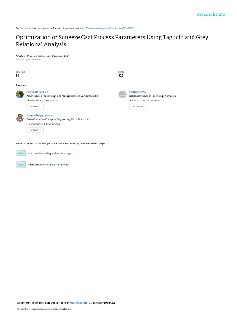 Optimization of Squeeze Cast Process Parameters Us | PDF | Alloy | Steel
