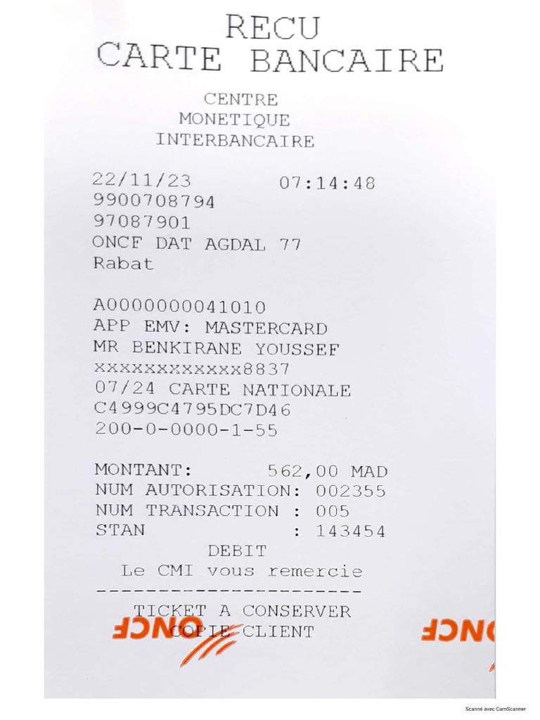 Recu ONCF Aller 562DH | PDF