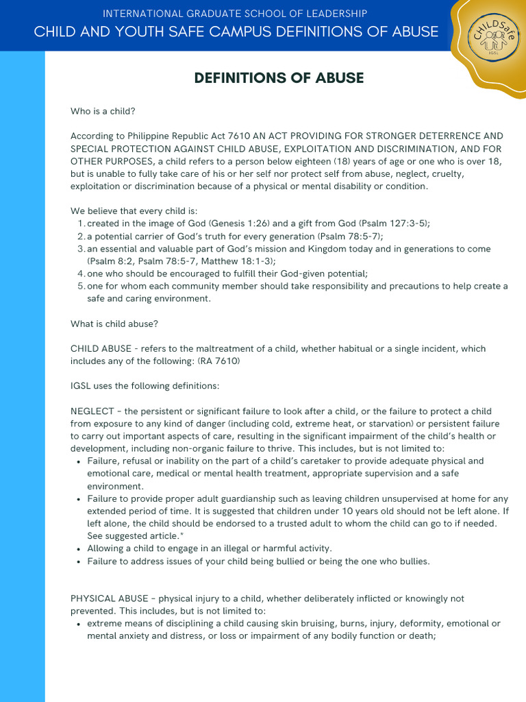Definitions of Abuse-IGSL Child & Youth Safe | PDF | Child Abuse | Bullying