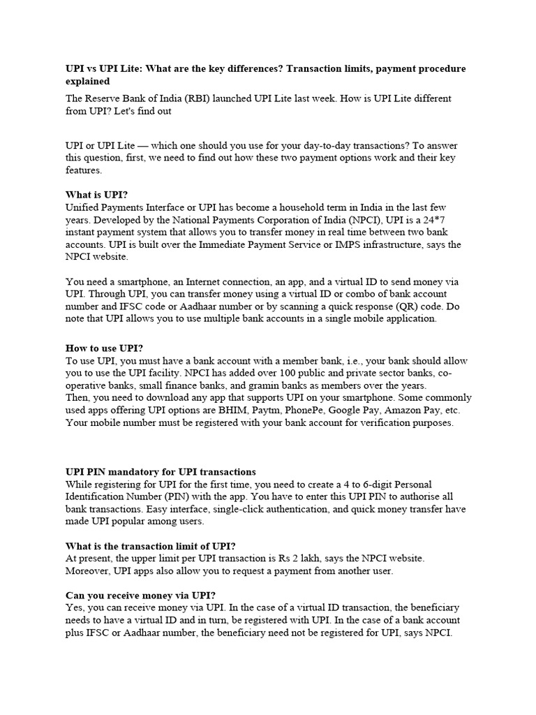 UPI Vs UPI Lite Final | PDF | Business | Finance & Money Management