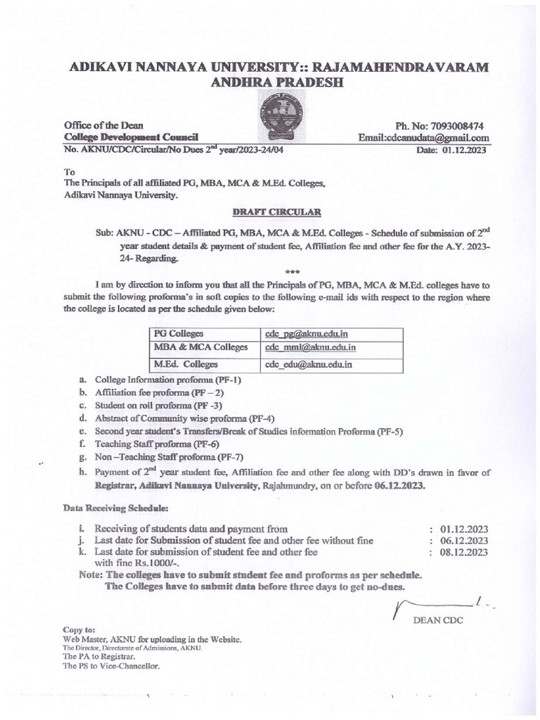 PG, MBA, MCA & M.ed. 2nd Year No Dues Circular AY 2023-24 | PDF