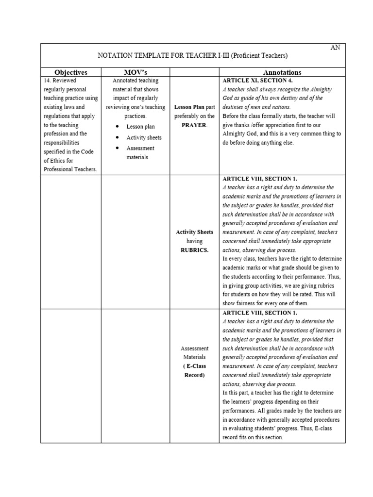 Annotation Template For Teacher I11 | PDF | Teachers | Lesson Plan