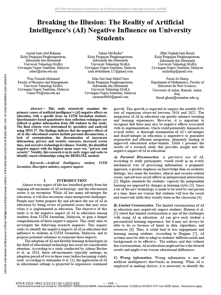 Breaking The Illusion: The Reality of Artificial Intelligence's (AI) Negative Influence On ...