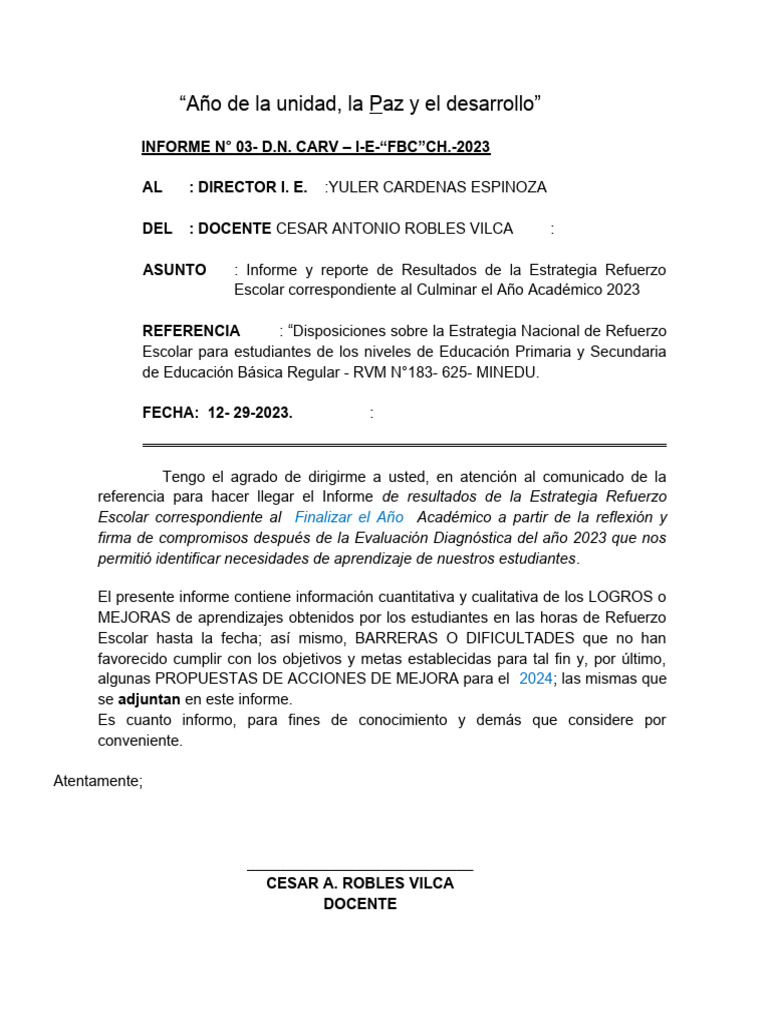 INFORME - REFUERZO ESCOLAR-2023 | PDF | Educación primaria | Aprendizaje
