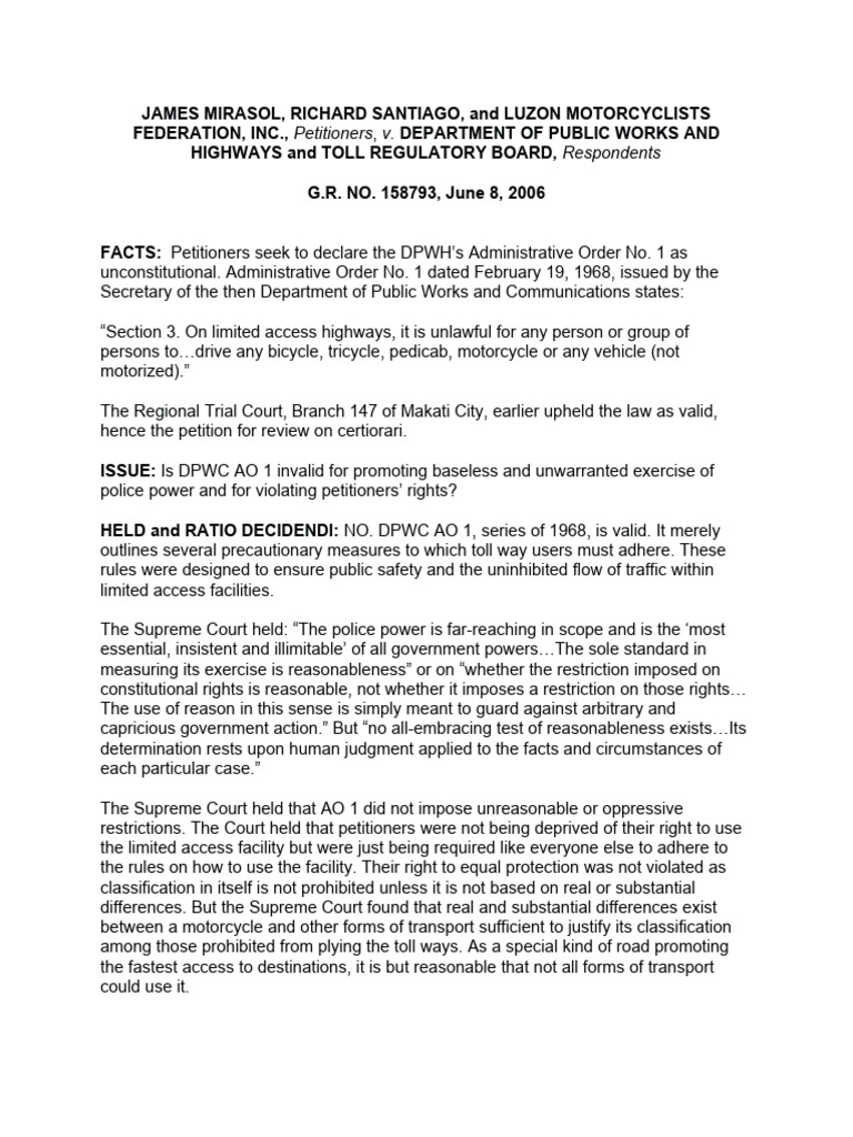 28 - James Mirasol Vs DPWH - DIGEST | PDF | Freedom Of Movement ...