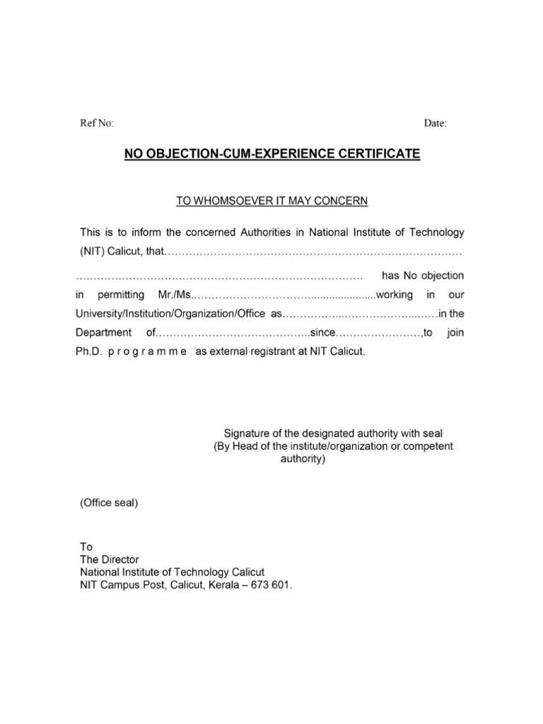 No Objection Cum Experience Certificate - 0 | PDF