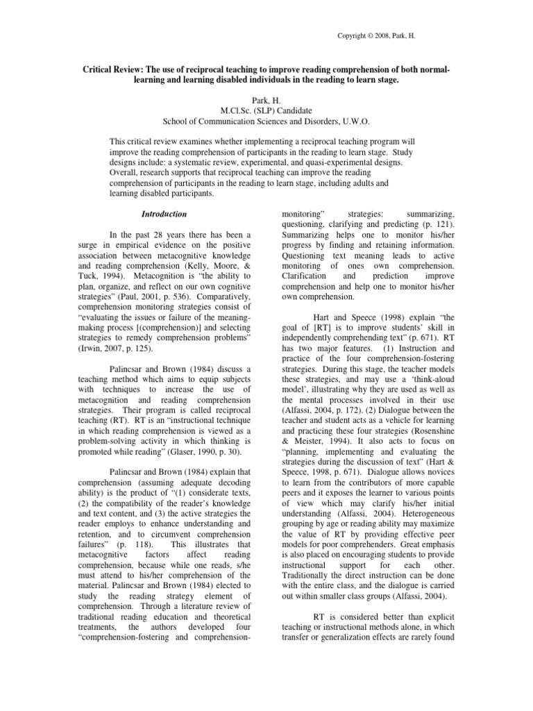Critical Review Reciprocal Teachhing and Reading Comprehension 2008 ...